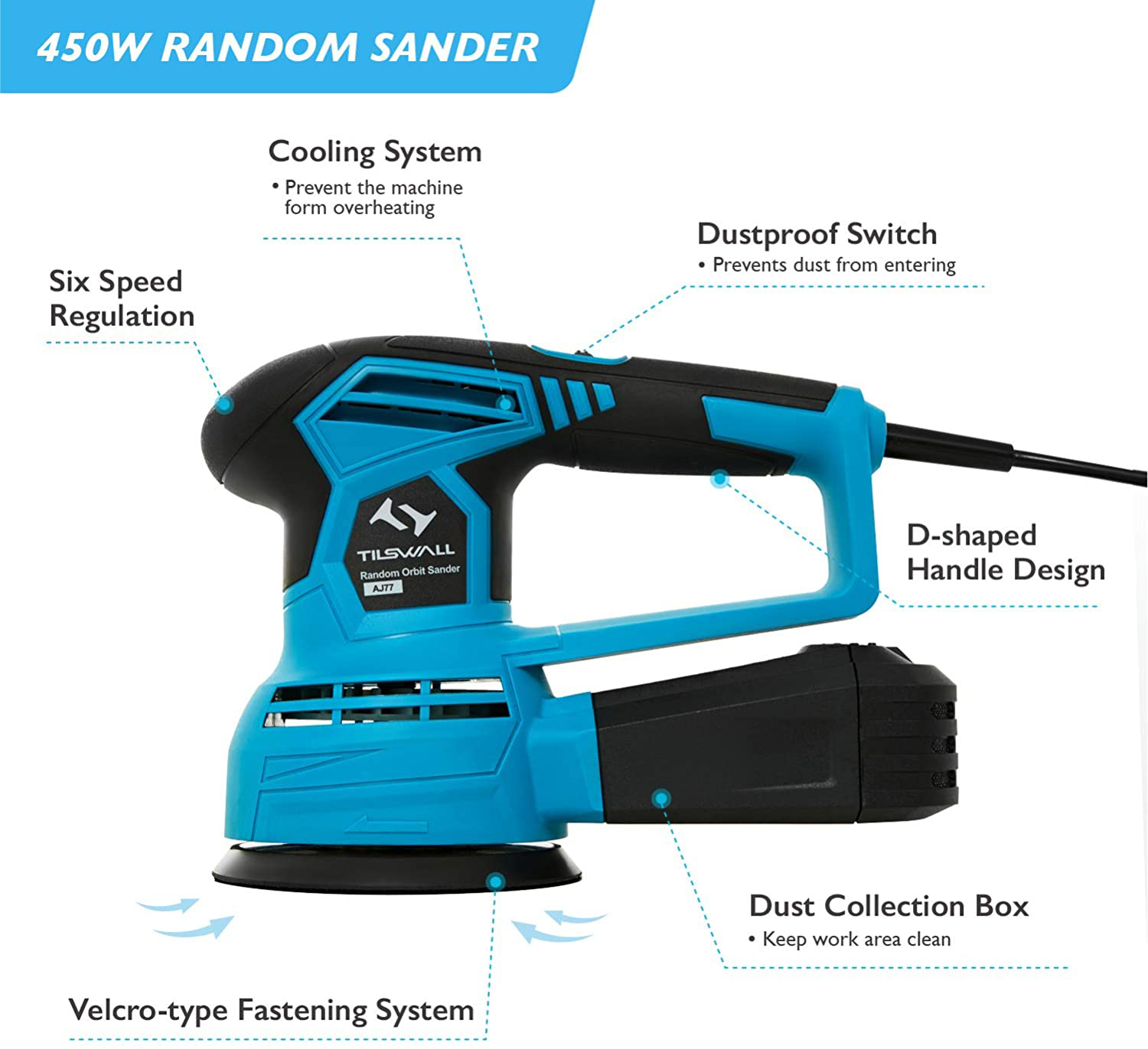 Ponceuse excentrique filaire 450W Tilswall, ponceuse rotative ...