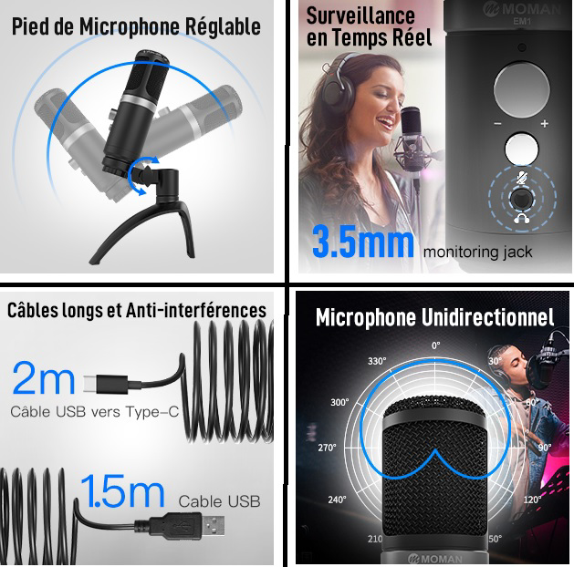 Moman EM1 Microphone-USB-PC-Gaming-Condenseur Micro Cardioid plug and ...