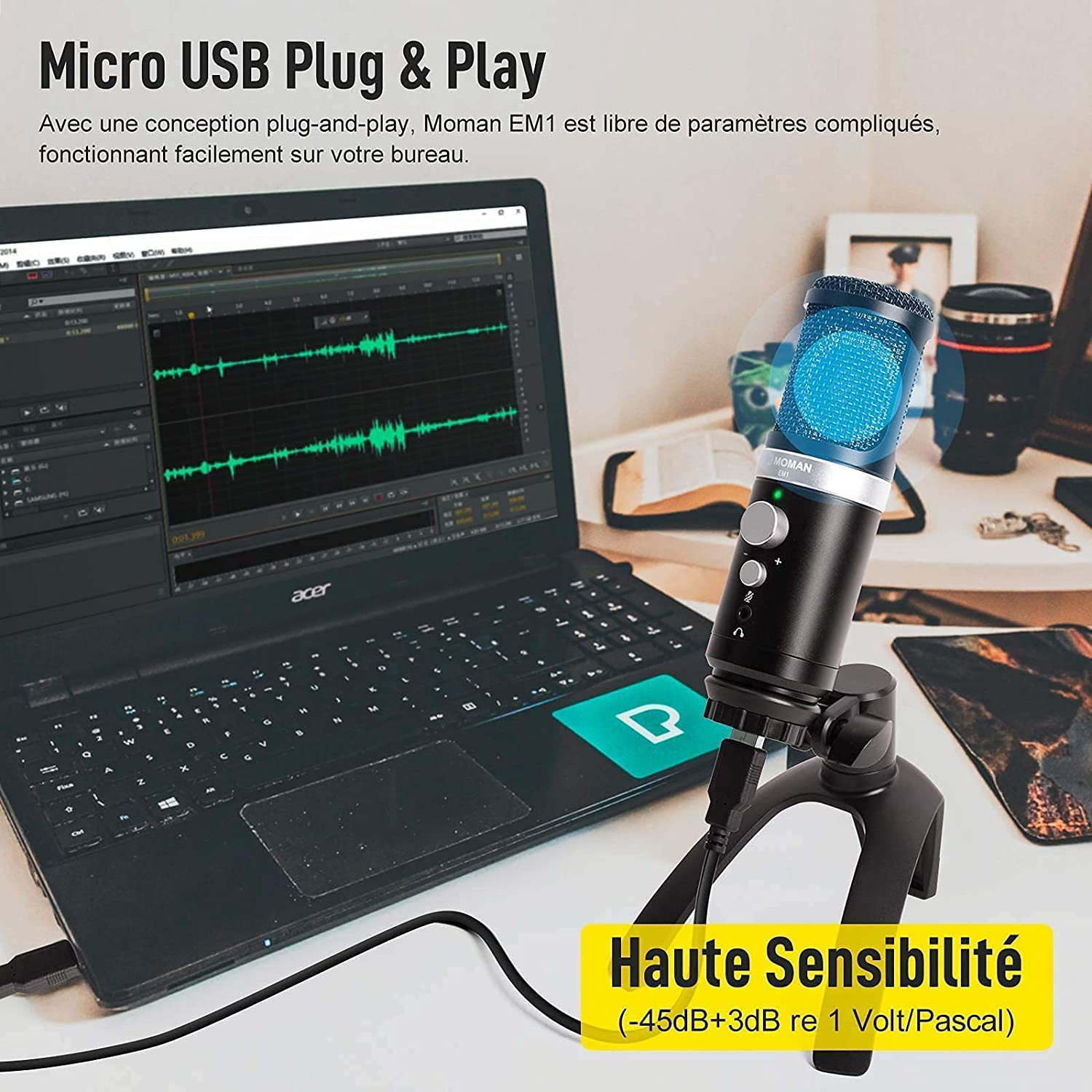 Moman EM1 Microphone-USB-PC-Gaming-Condenseur Micro Cardioid plug and ...