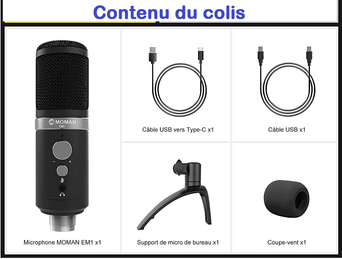 Moman EM1 Microphone-USB-PC-Gaming-Condenseur Micro Cardioid plug and ...