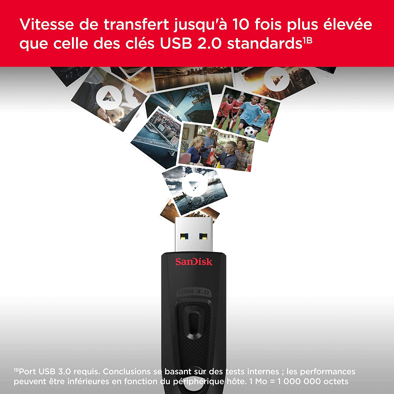 Clé USB 3.0 SanDisk Ultra 128 Go vitesse de lecture jusqu'à 130 Mo/s.