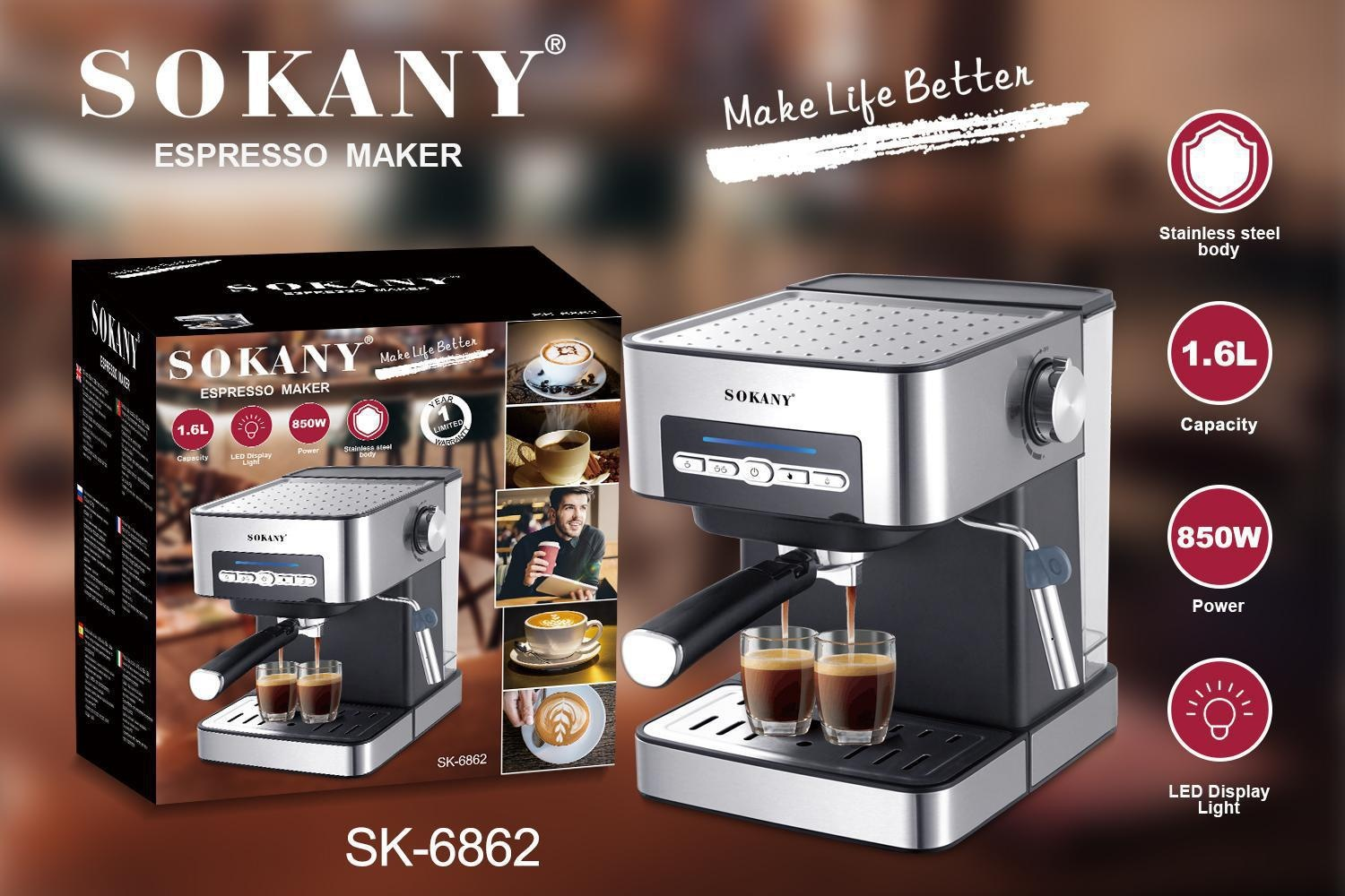 Machine expresso Sokany SK-6862, 850W, 15 bars, réservoir d'eau 1,6L ...