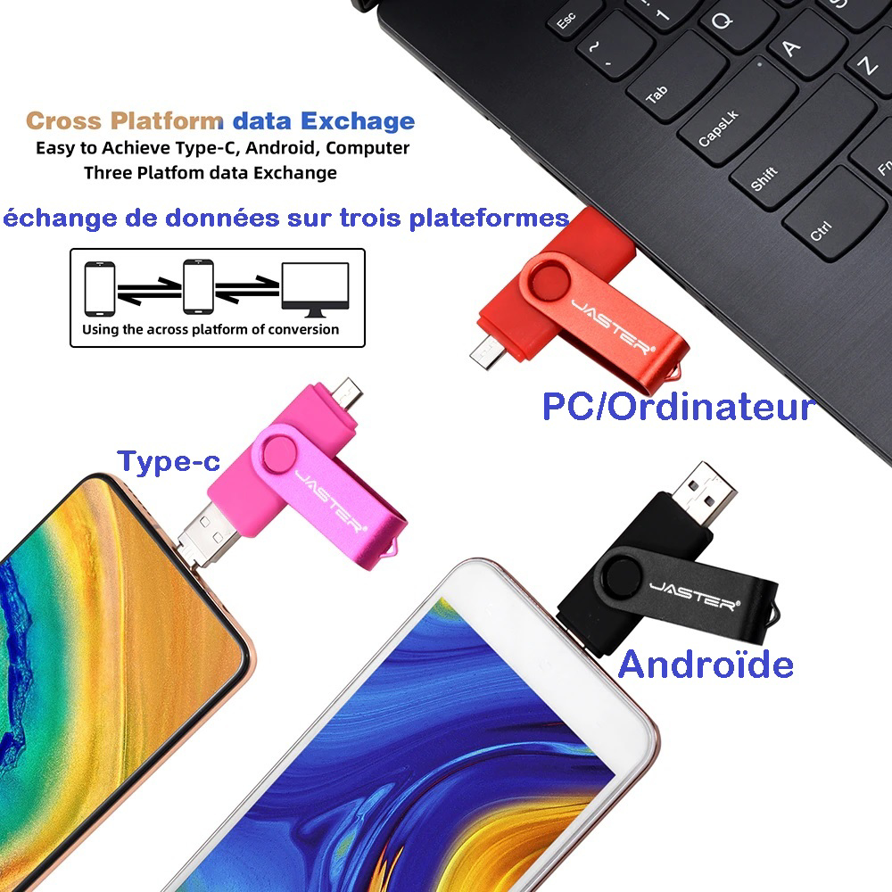 Clé USB OTG 3 en 1 à haute vitesse à mémoire de 64GB Type-C, Micro USB.