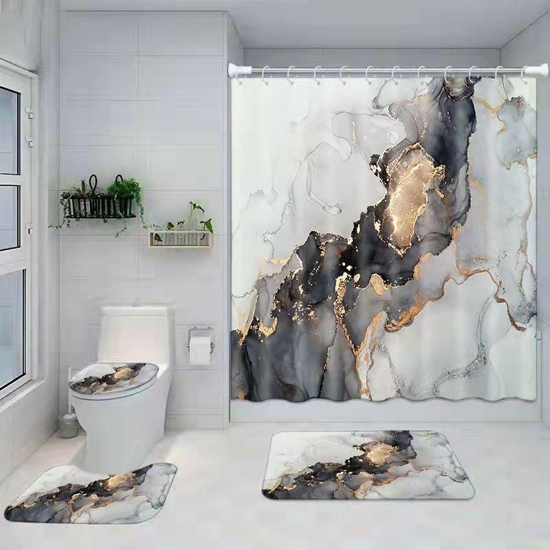 Ensemble De Rideau + Tapis De Salle De Bain 4 En 1