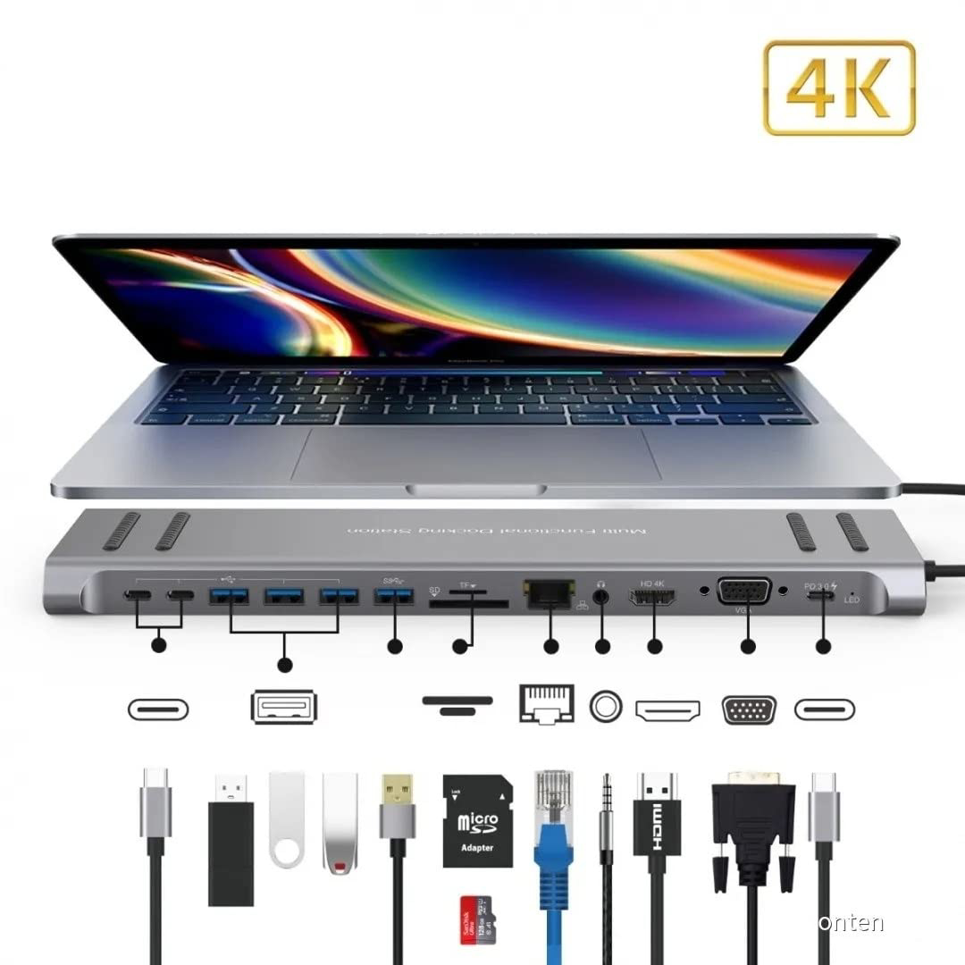 14 en 1 USB Type-C Hub Multifonction Dock Type-C vers HDMI/VGA/SD/TF/RJ45/USB 3.0/Audio/USB-C ...