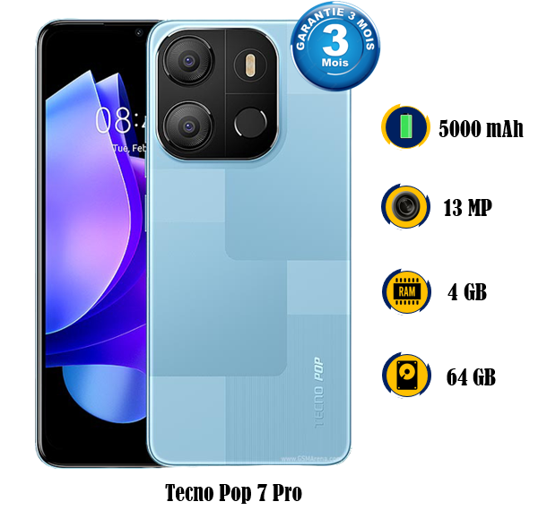 Tecno Pop 7 Pro - 64G / 4G - 6.6 pouces - 13 MP / 5Mp - 5000 mAh ...