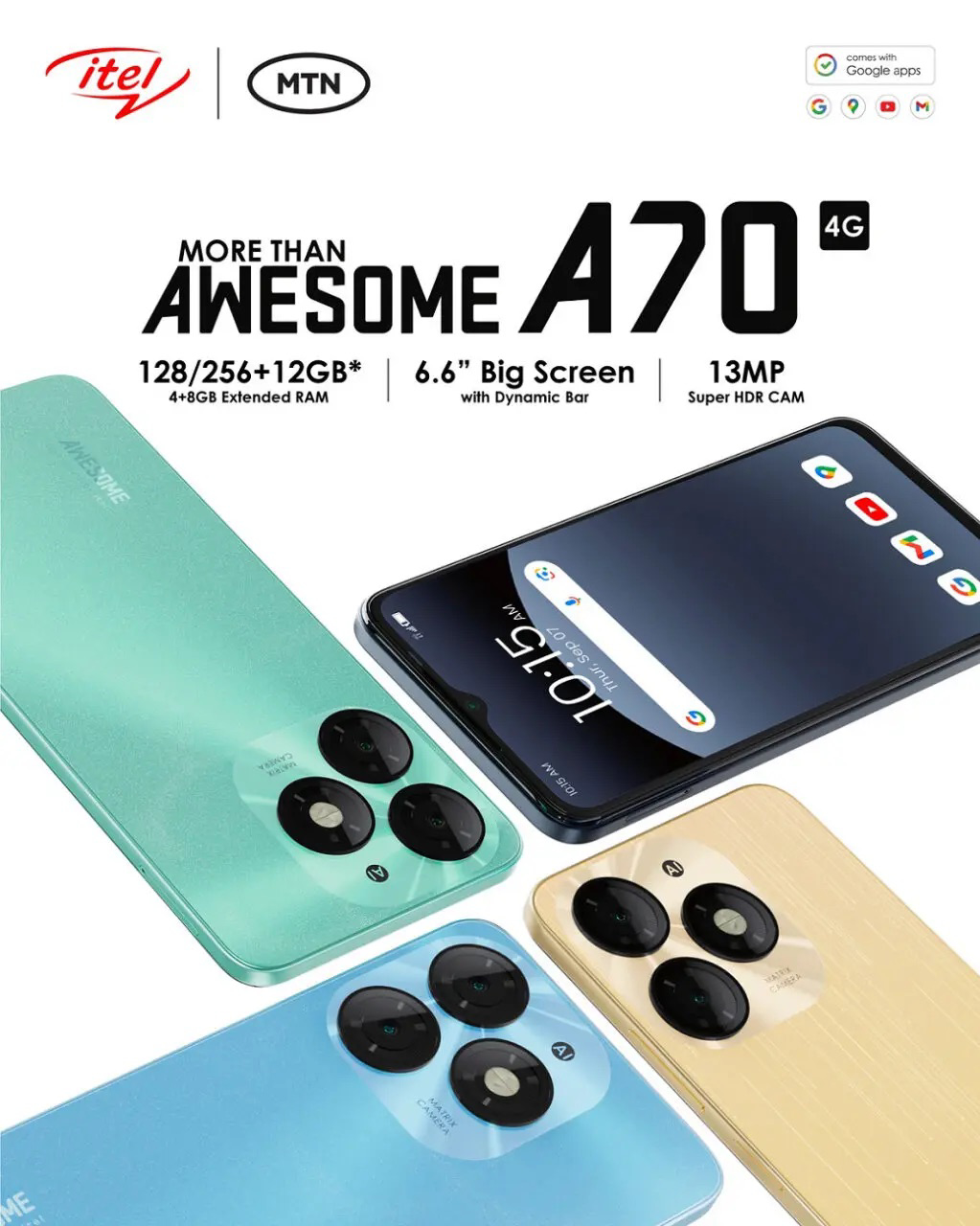 Itel A70 Awesome - 6.6" - 4G LTE - Rom 128Go - Ram ( 3+5 ) Go - 13Mpx - 13 mois de garantis