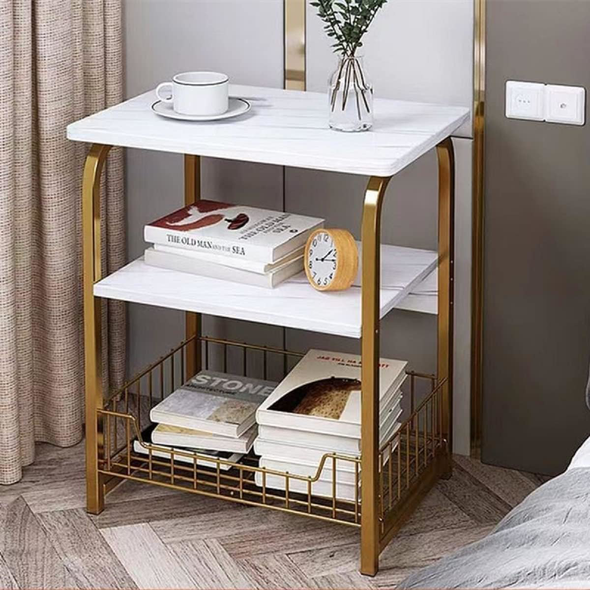 Table d’appoint en marbre blanc Table d’appoint de canapé à 3 niveaux avec étagère de rangement ...