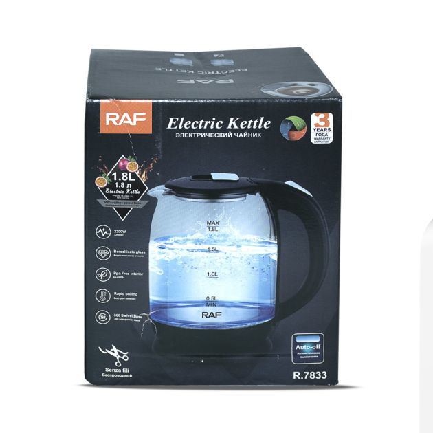 Bouilloire électrique RAF R.7833 - Verre borosilicaté – 2 L – 2200 W – Base 360° - Garantie 3 mois